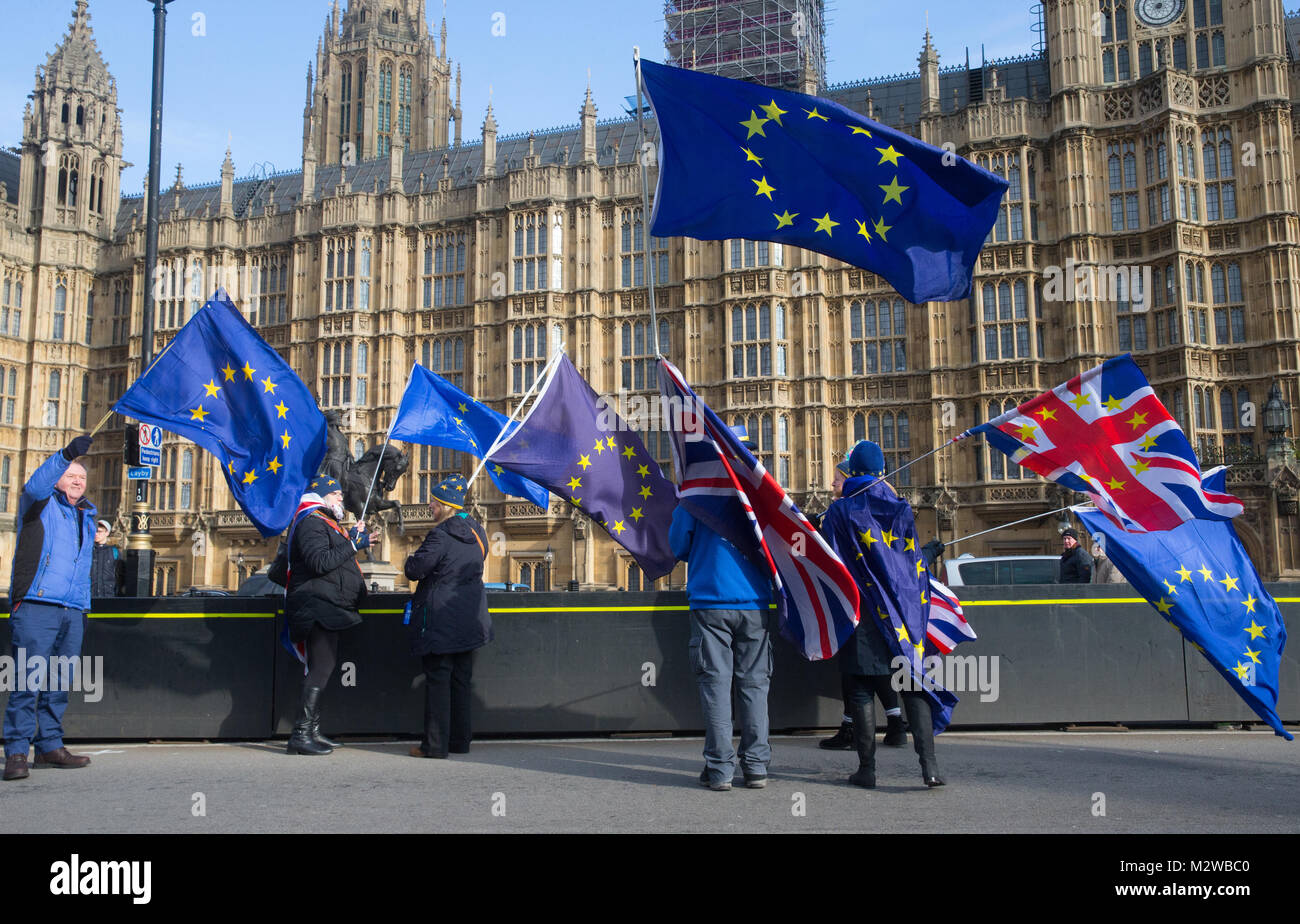 Pro EU supporters wave Union Jacks and European flags outside the ...
