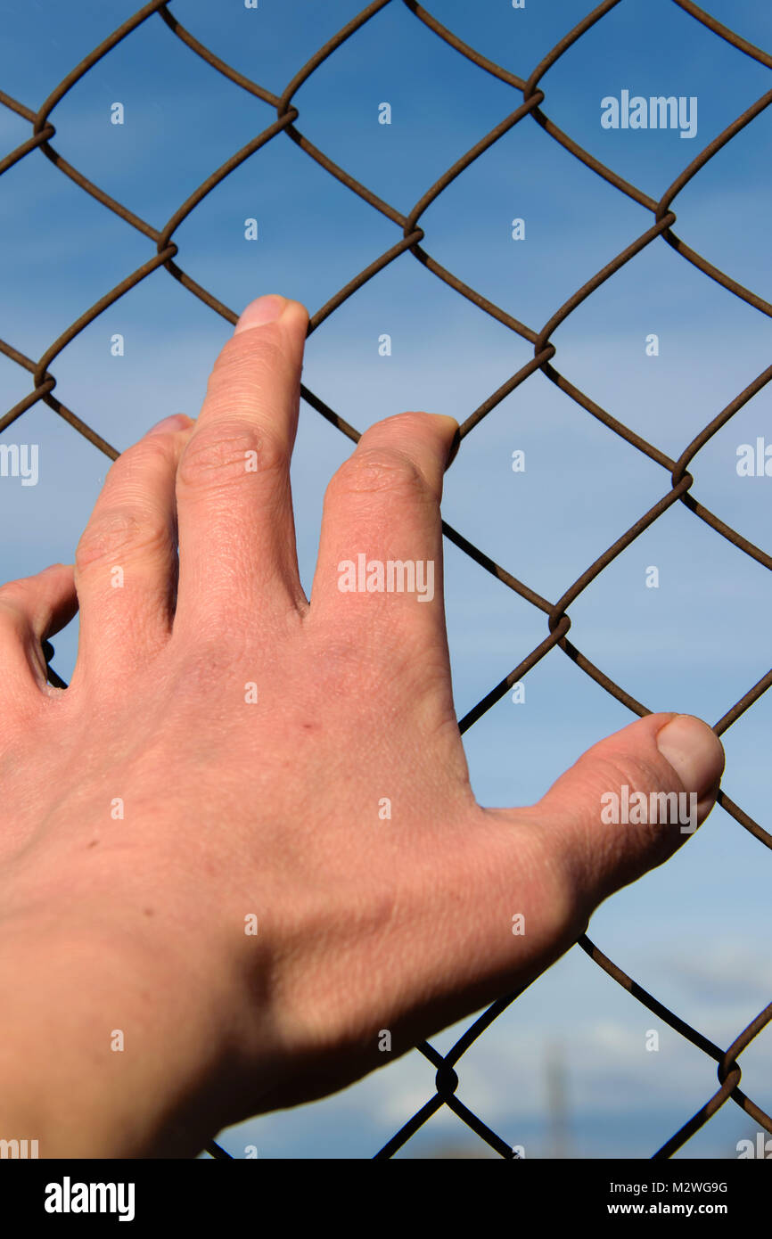 Human hand holding the metal net, blue sky background and space for ...