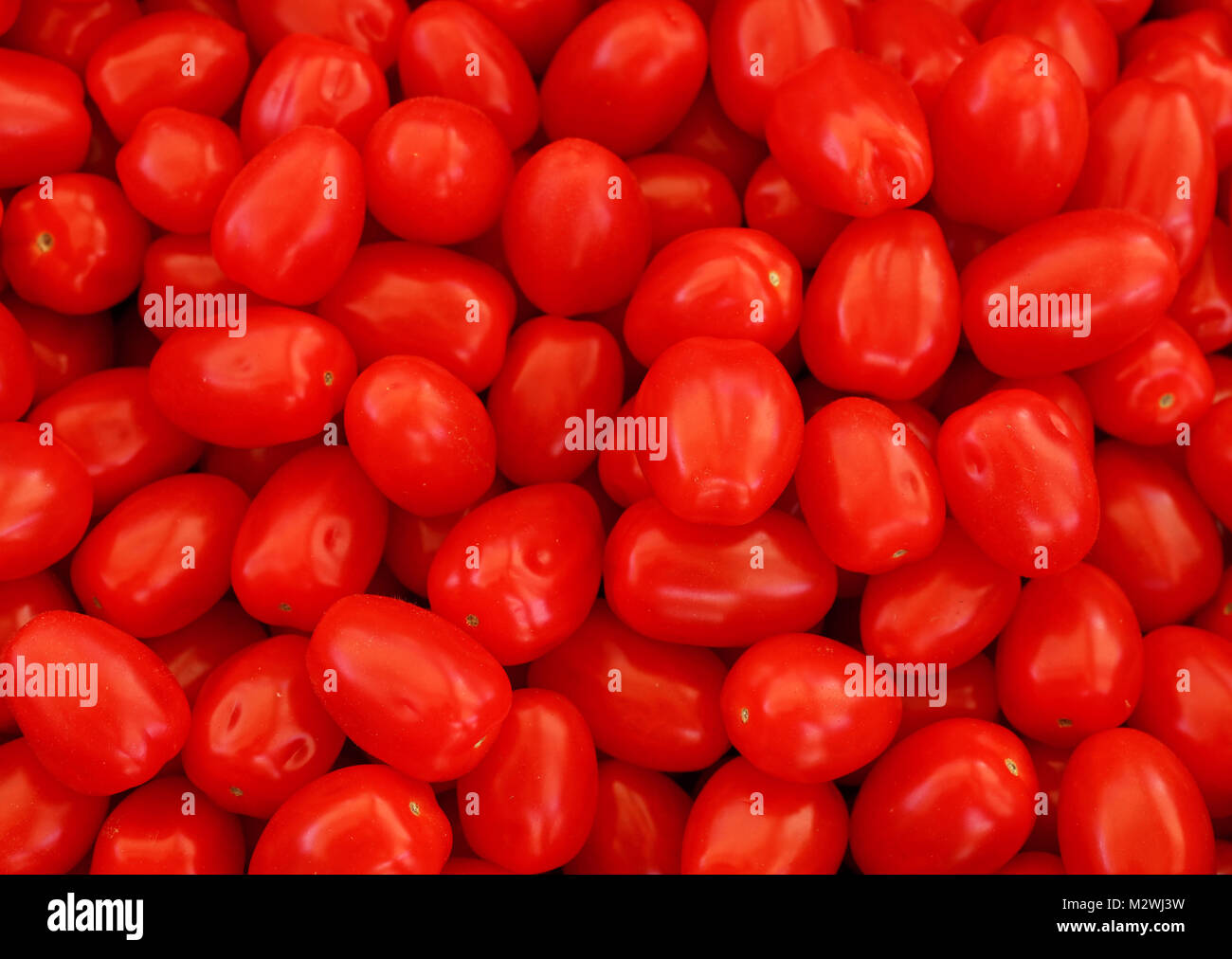 Close up fresh red cherry tomatoes at retail display of farmers market ...