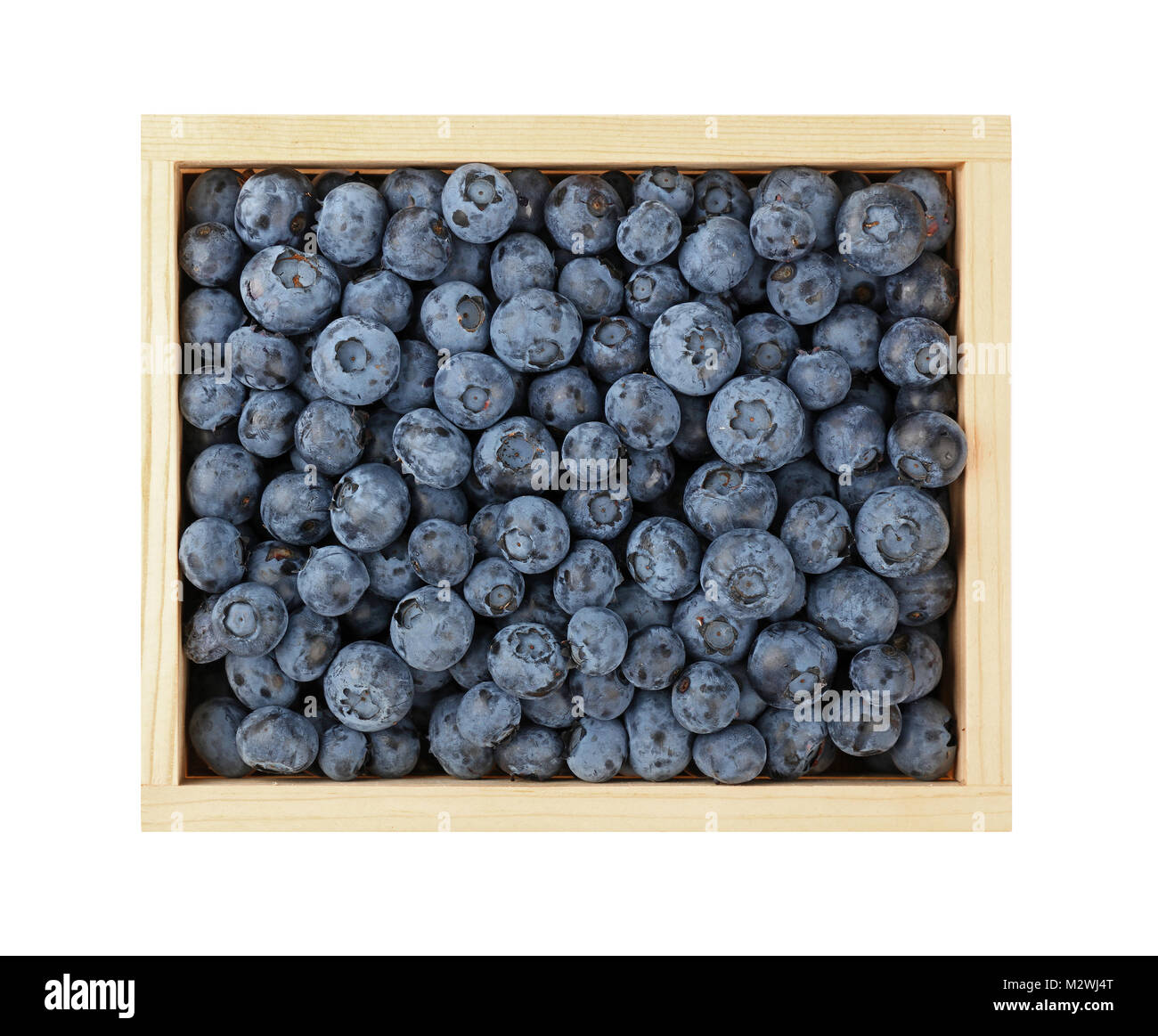 Close up wooden crate box of fresh blueberry berries, elevated top view ...