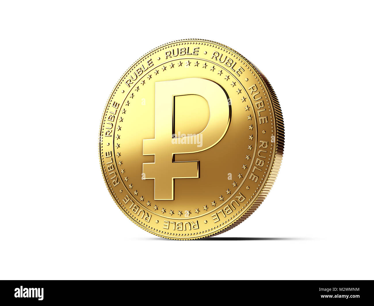 Ruble sign on golden coin. Photo realistic 3D rendering isolated on ...