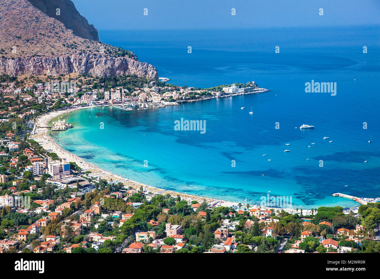 Panoramic view on Mondello white sand beach in Palermo, Sicily. Italy ...