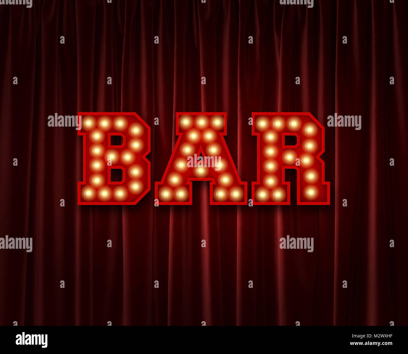 Bar lightbulb lettering word against a red theatre curtain. 3D ...