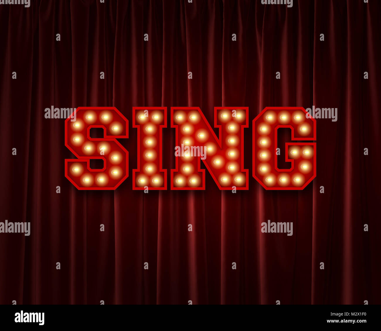 Sing lightbulb lettering word against a red theatre curtain. 3D ...