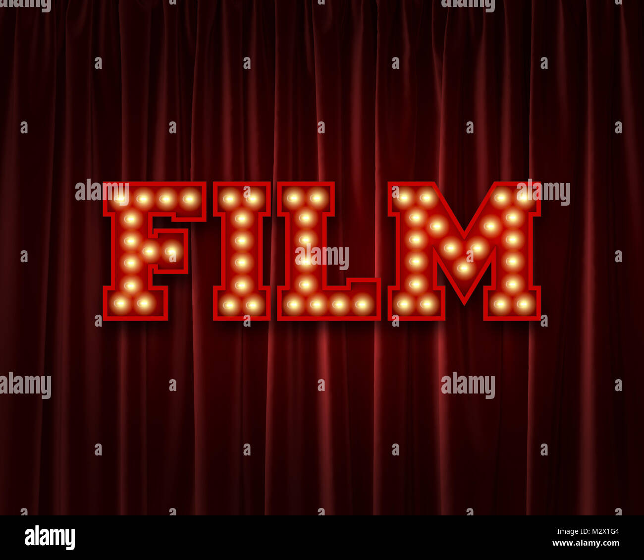 Film lightbulb lettering word against a red theatre curtain. 3D ...