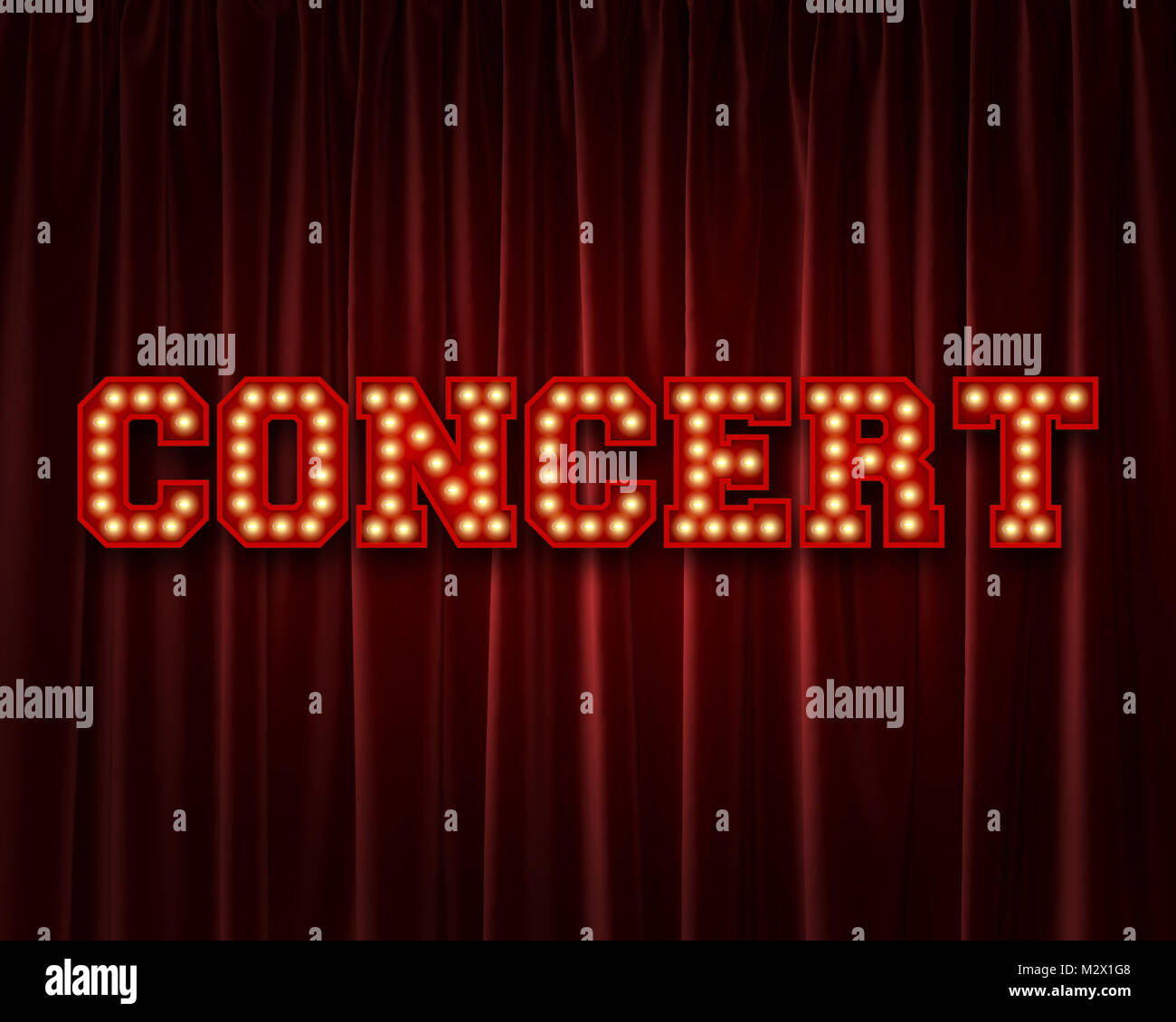 Concert lightbulb lettering word against a red theatre curtain. 3D ...