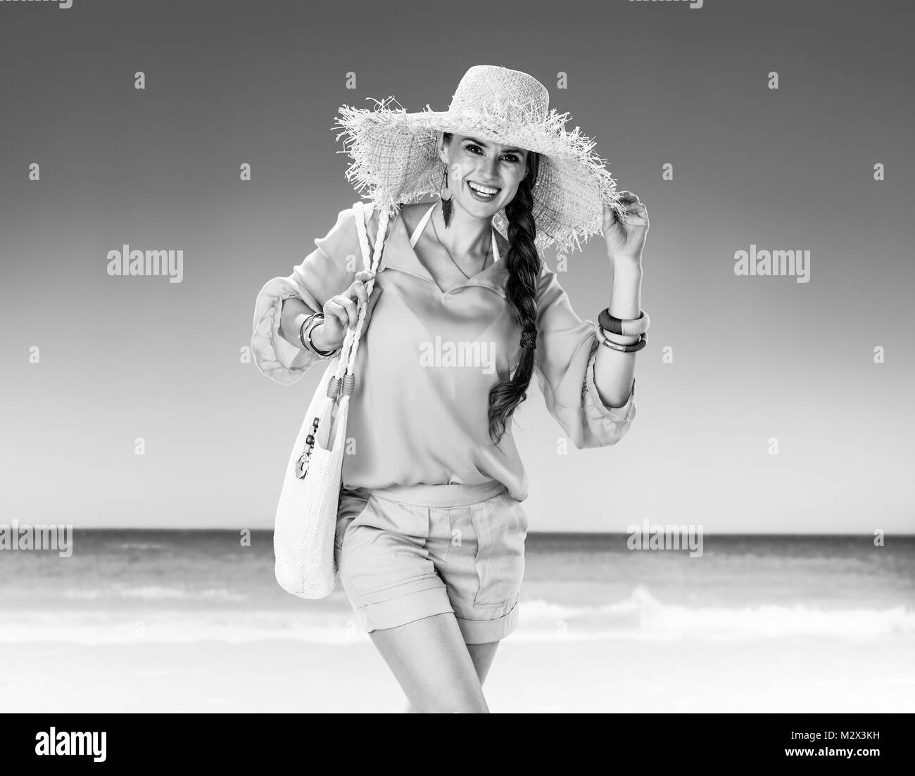 Happy woman in white blouse Black and White Stock Photos & Images - Alamy