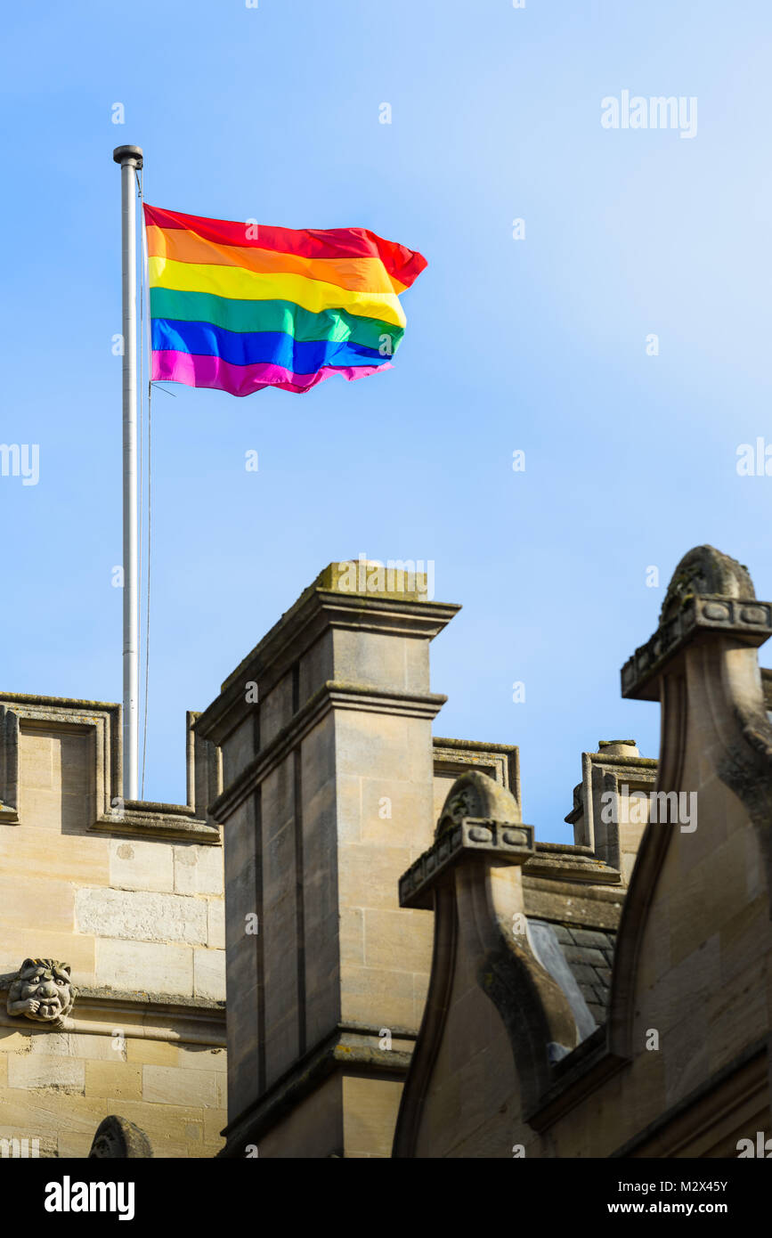 A rainbow lbgt (lbgtq) multi-coloured flag flutters in the wind aloft ...