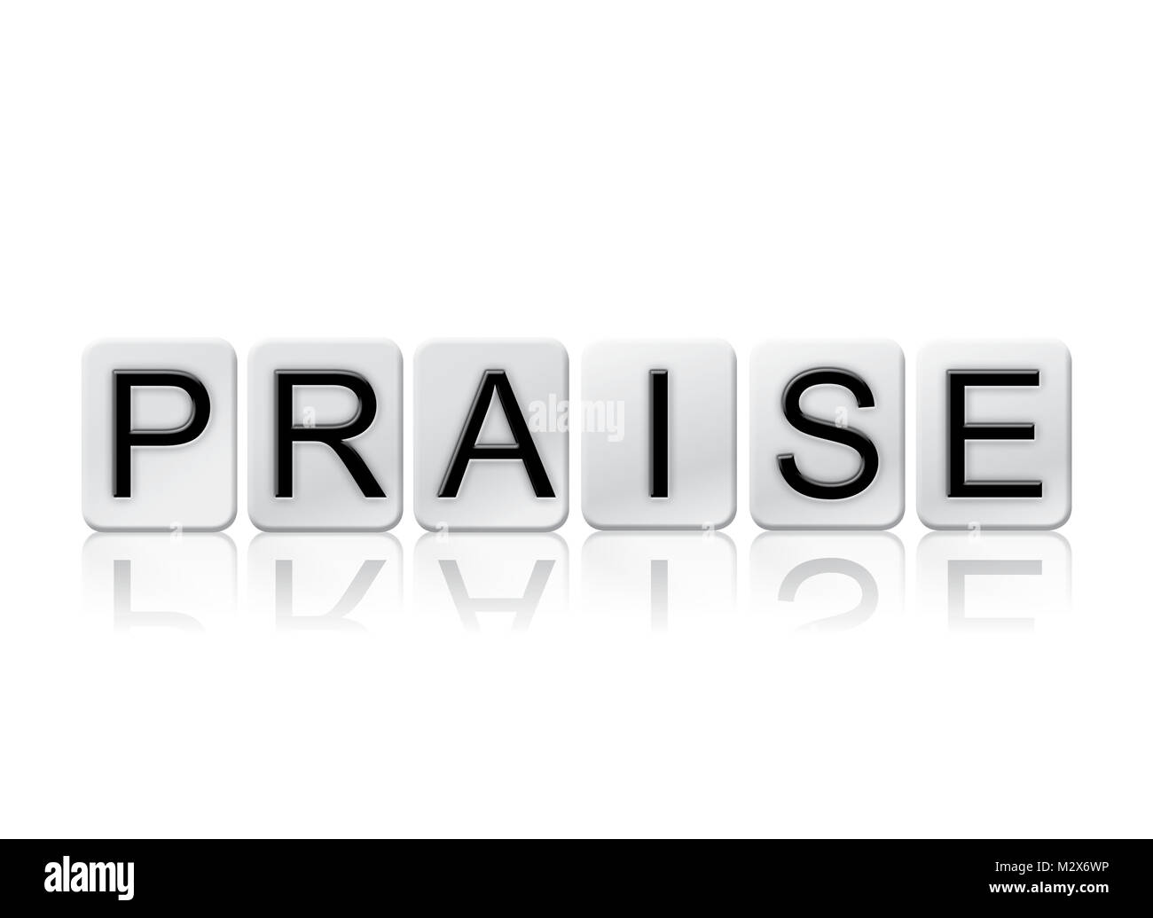 The word Praise concept and theme written in white tiles and isolated ...