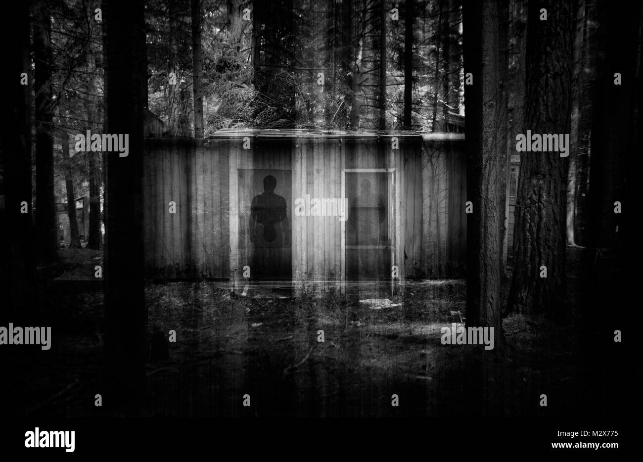 abstract double exposured horror background with ruins in dark forest ...