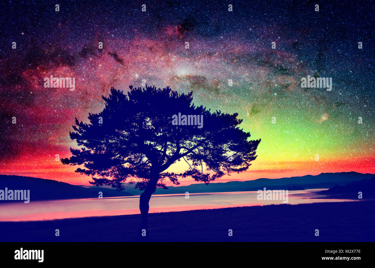 alien landscape with alone tree over the night sky with many stars ...