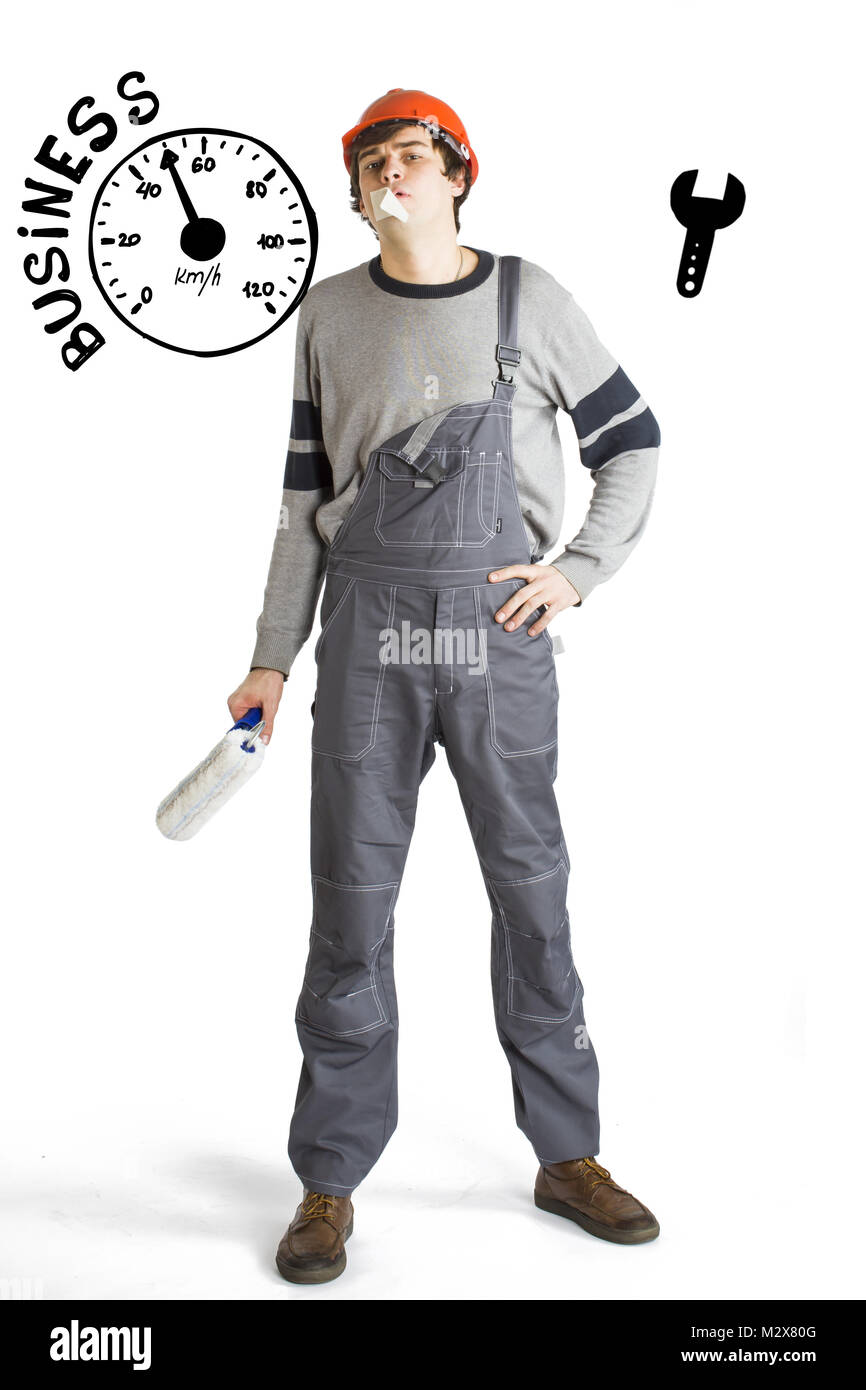 Business concept of self-made man. Young laborer man in orange helmet ...