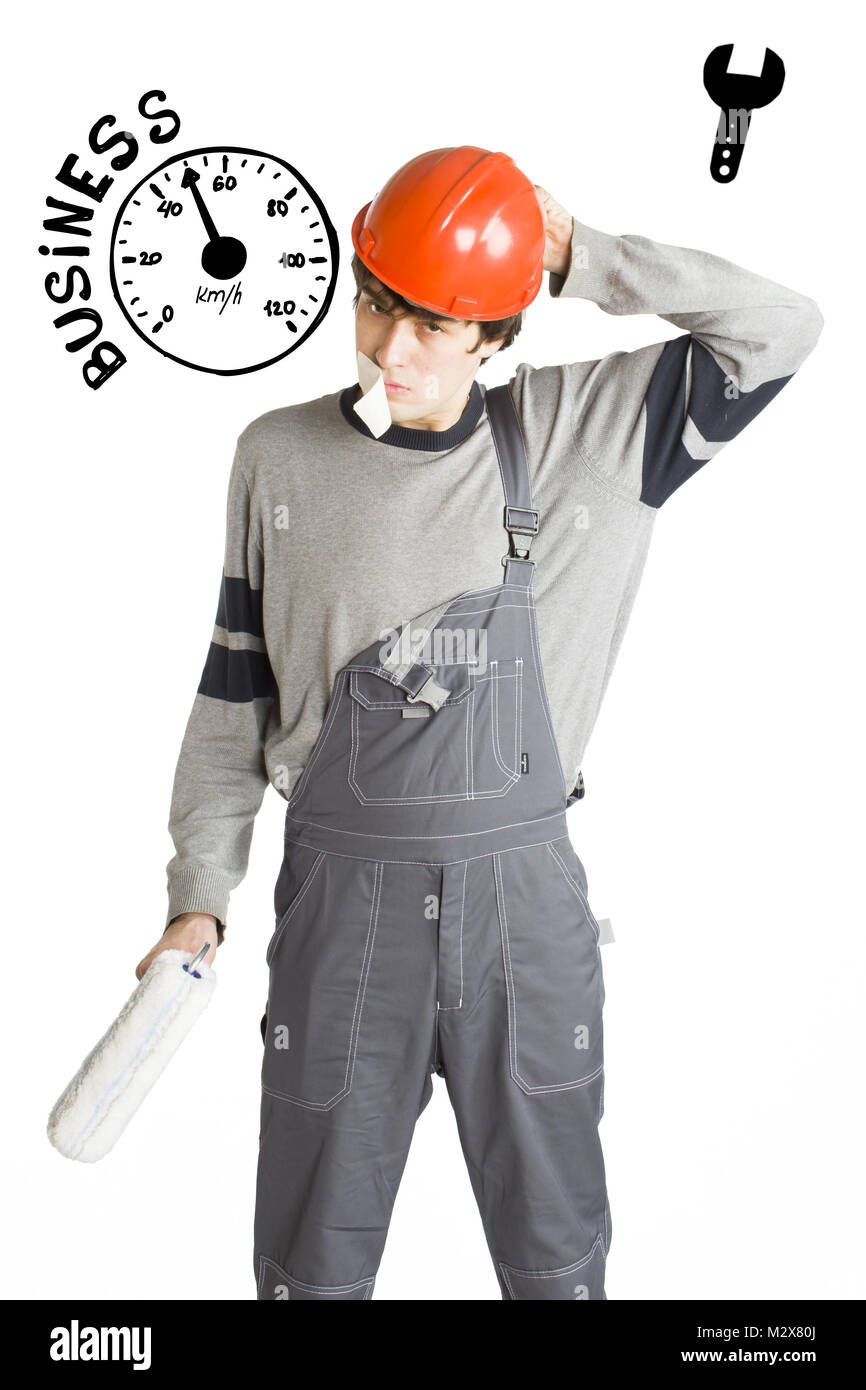 Business concept of self-made man. Young laborer man in orange helmet ...