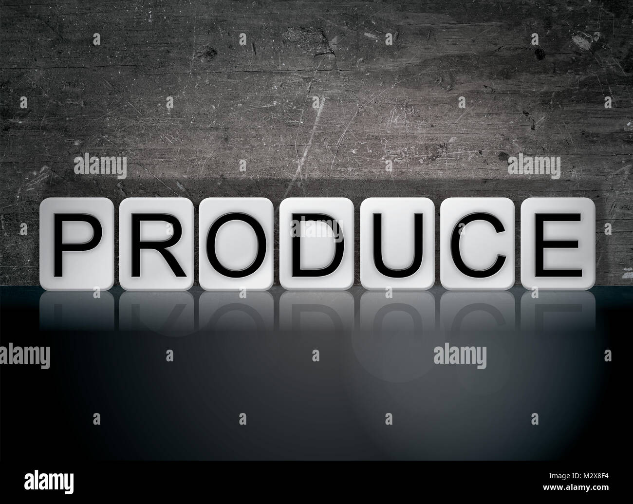 The word Produce concept and theme written in white tiles on a dark ...
