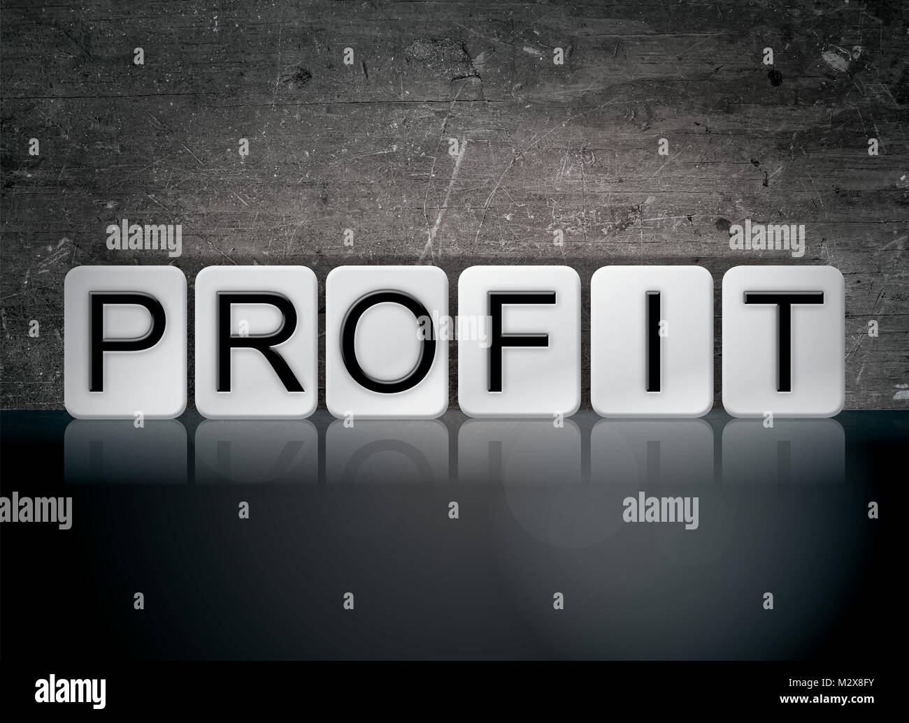 The word Profit concept and theme written in white tiles on a dark ...