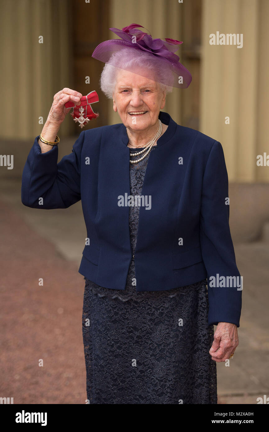 Majorie Maskrey with her MBE medal following an investiture ceremony at ...