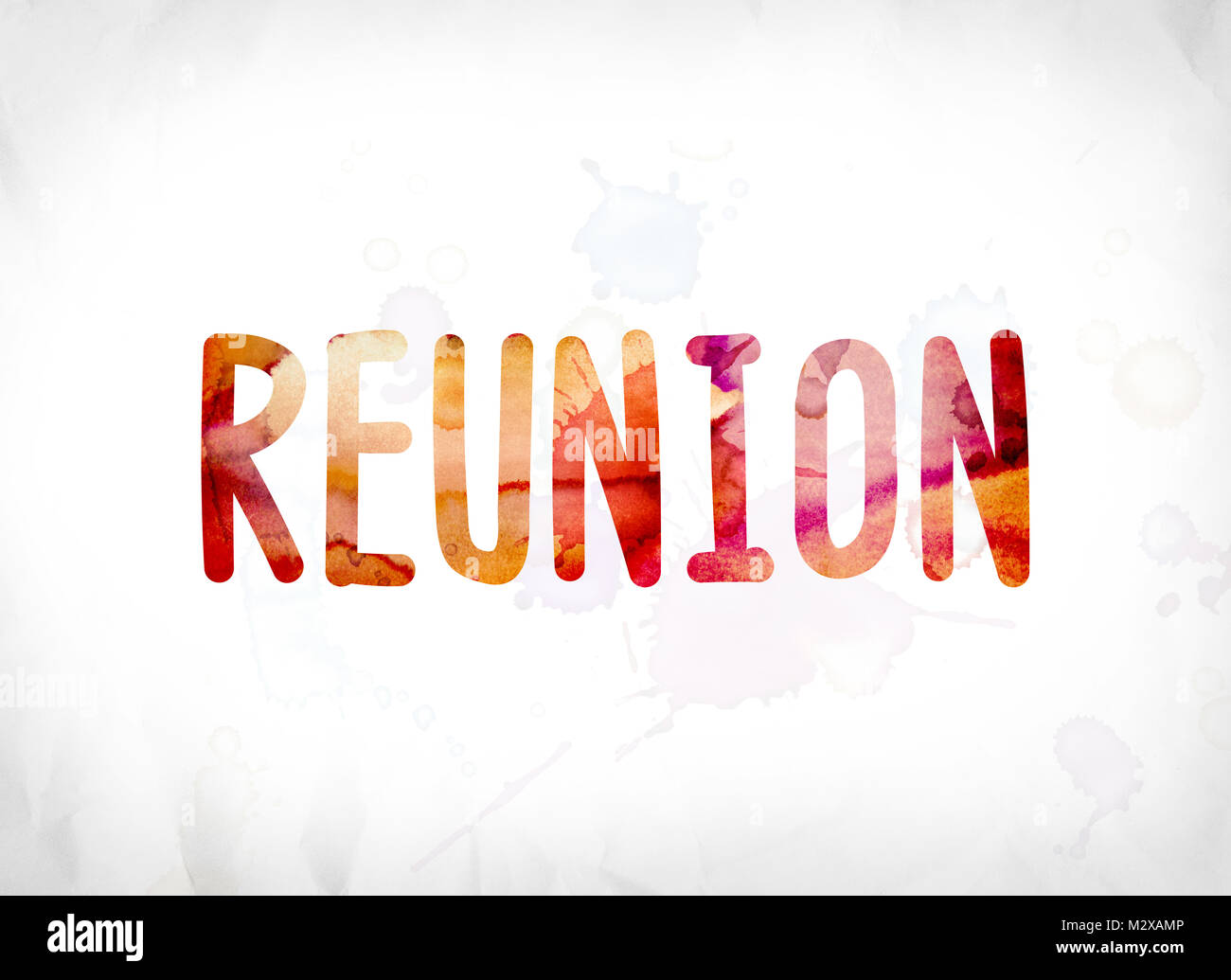 The word Reunion concept and theme painted in colorful watercolors on a ...