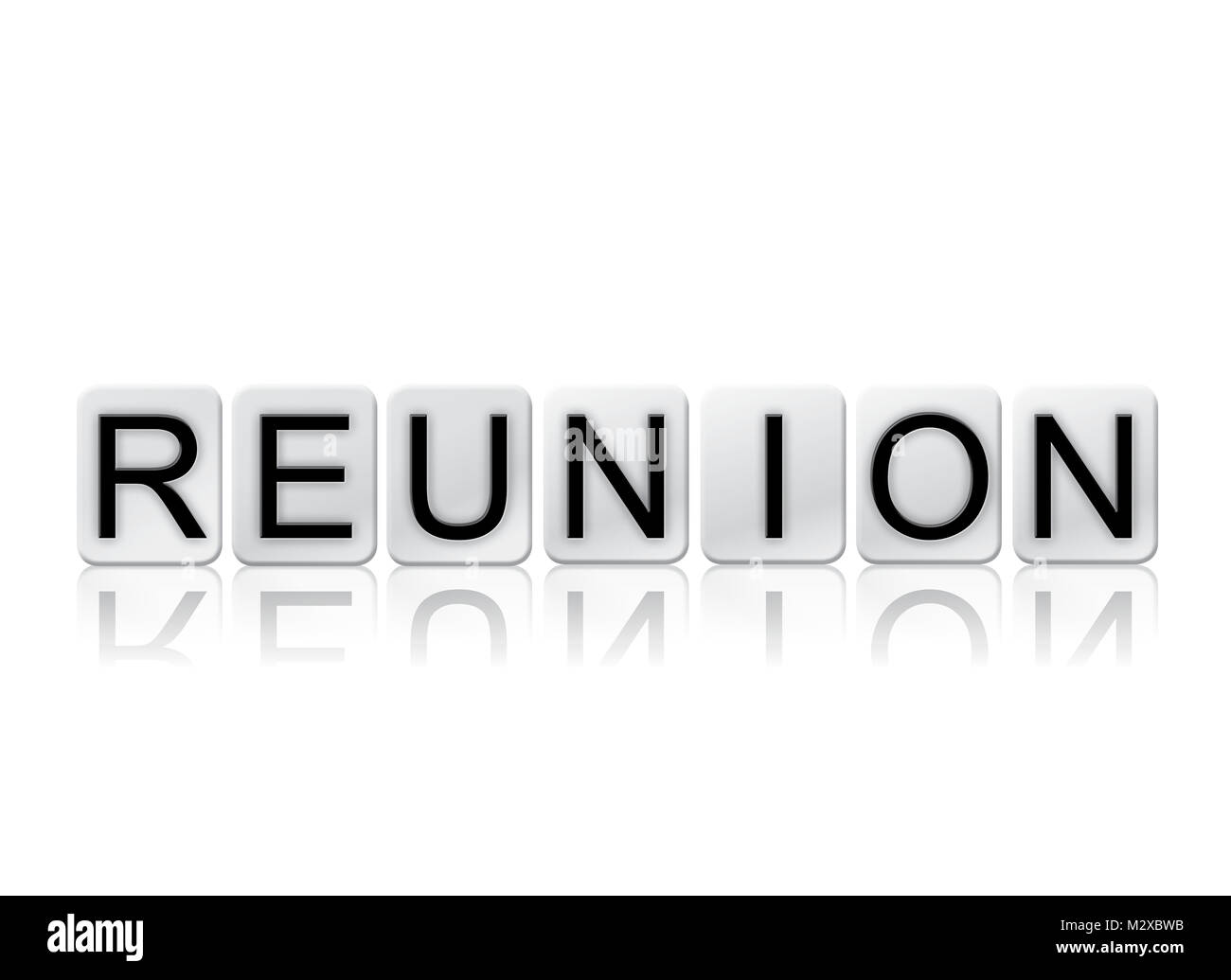 The word Reunion concept and theme written in white tiles and isolated ...