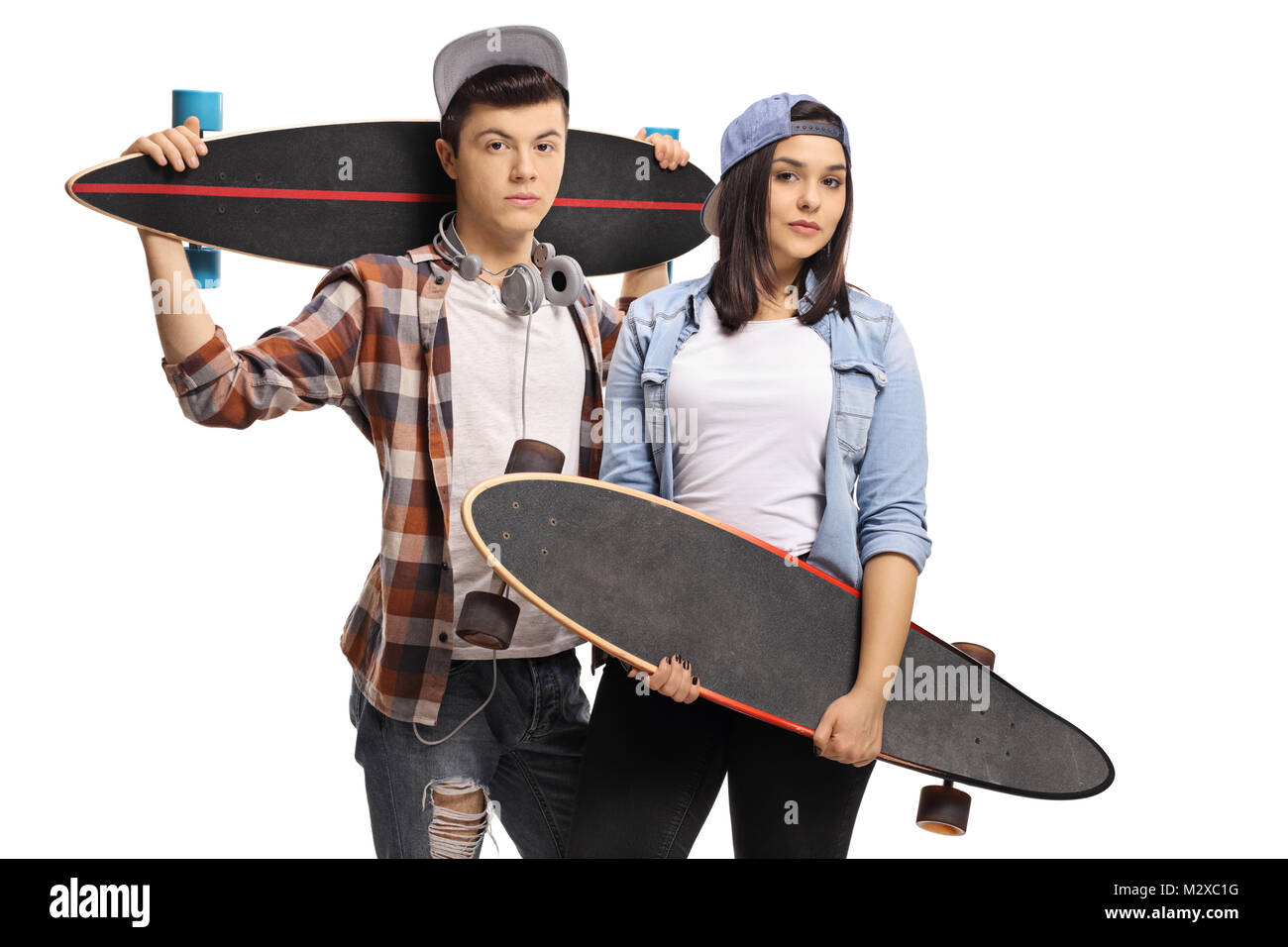 Teenage skaters with longboards isolated on white background Stock ...