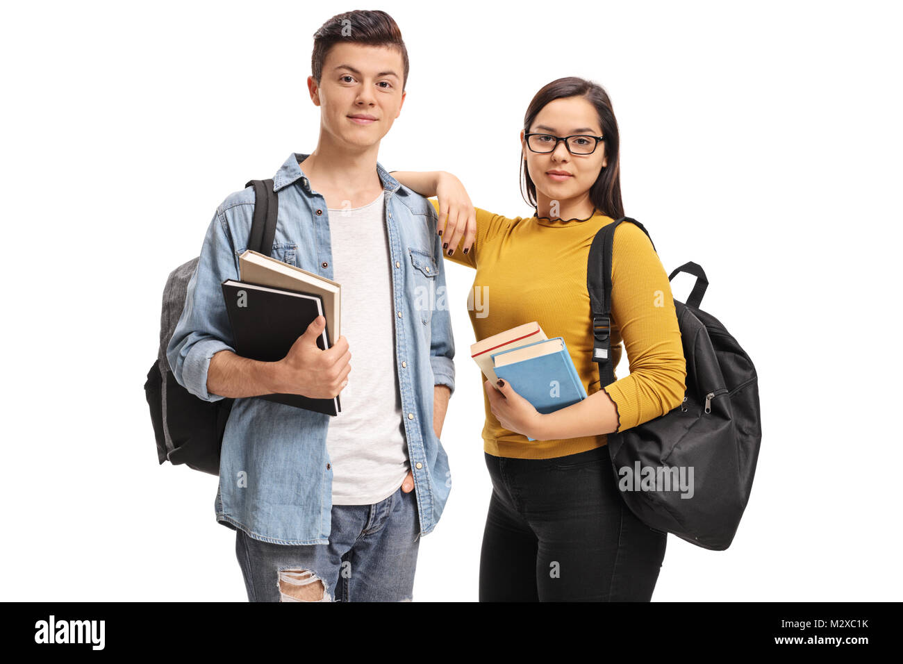 Teenage students with backpacks and books isolated on white background ...