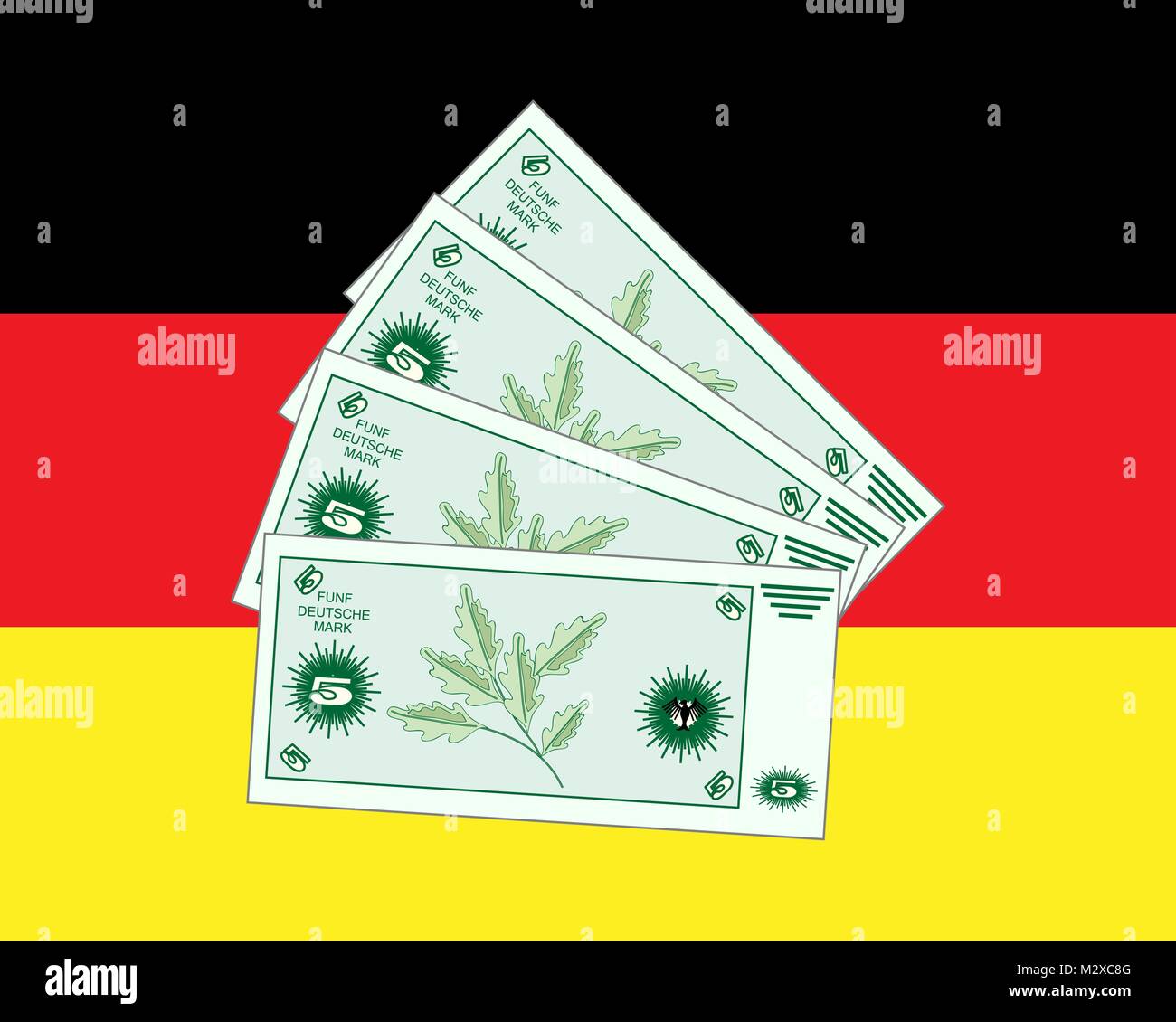an illustration of deutsche mark notes on a german flag background ...