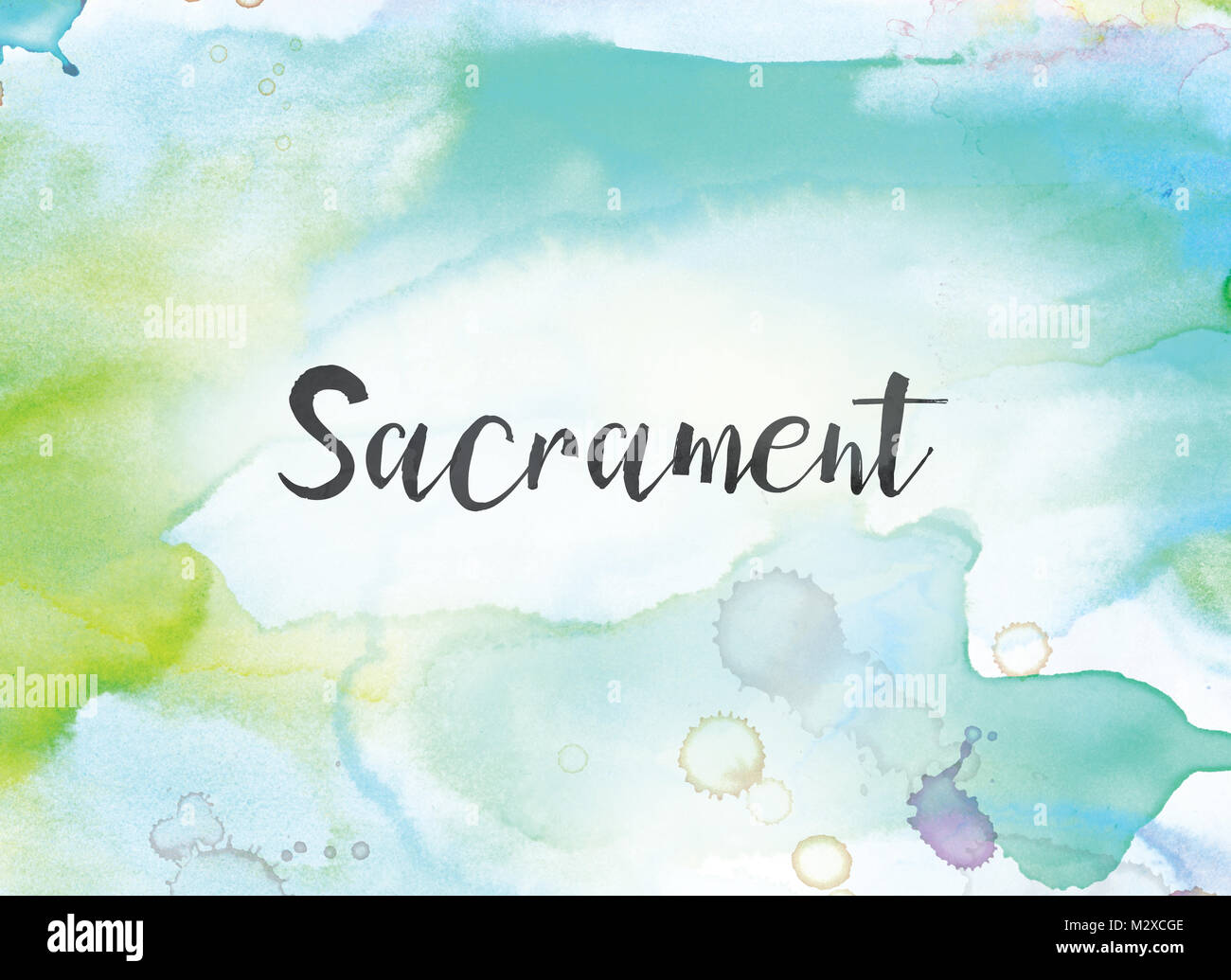 The word Sacrament concept and theme written in black ink on a colorful ...