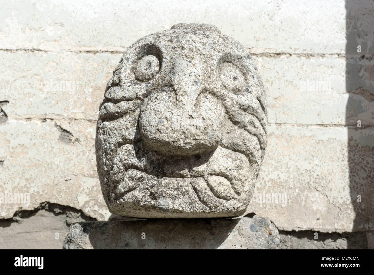 ancient historical stone head carving in the ruins of Chavin de Huantar ...