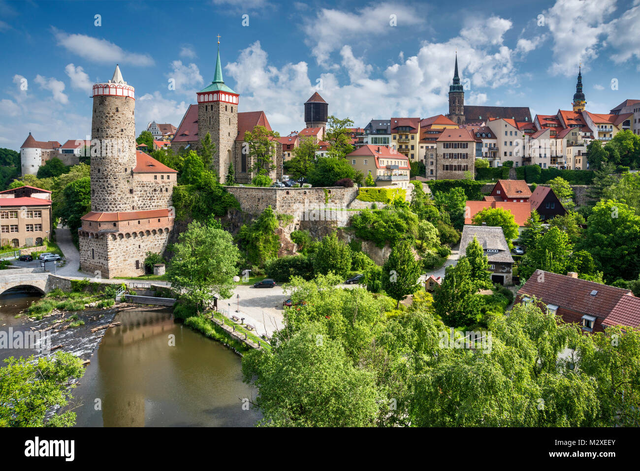 Medieval towers of Old Town of Bautzen from bridge over Spree river ...