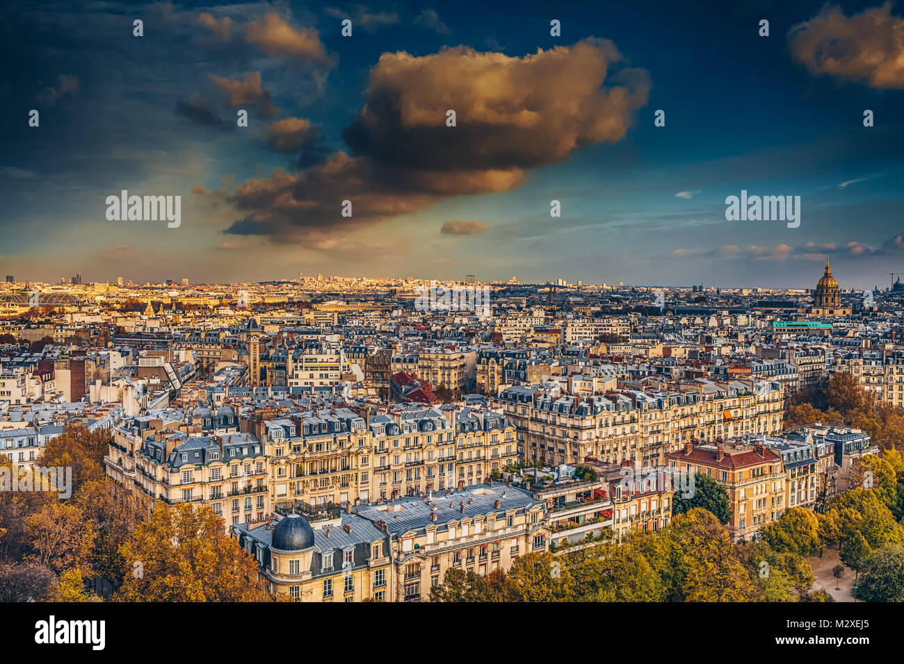 Aerial panorama of Paris City in late autumn from Eiffel Tower at ...