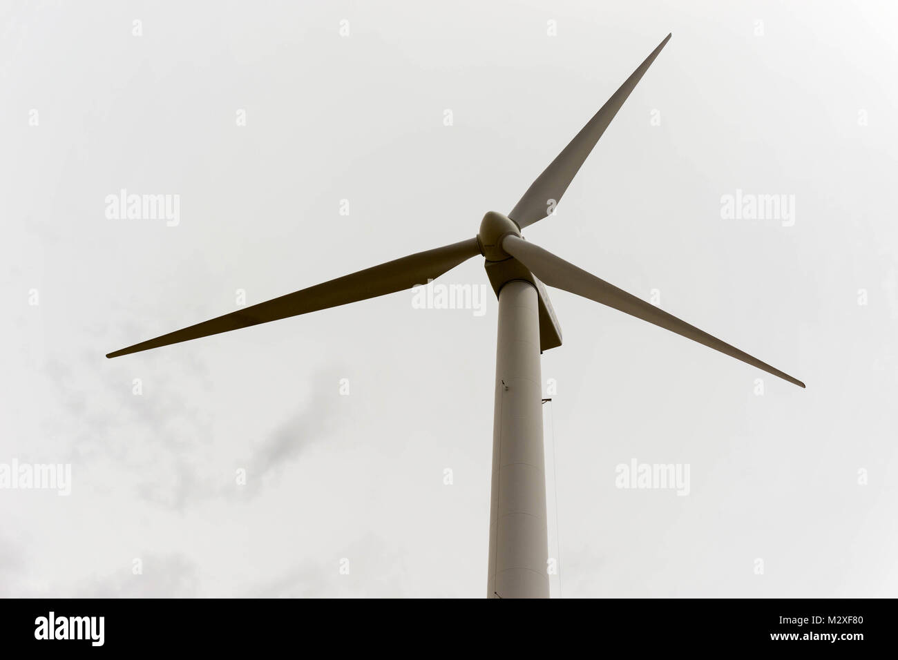 single wind turbine on a wind farm seen from below under an overcast ...