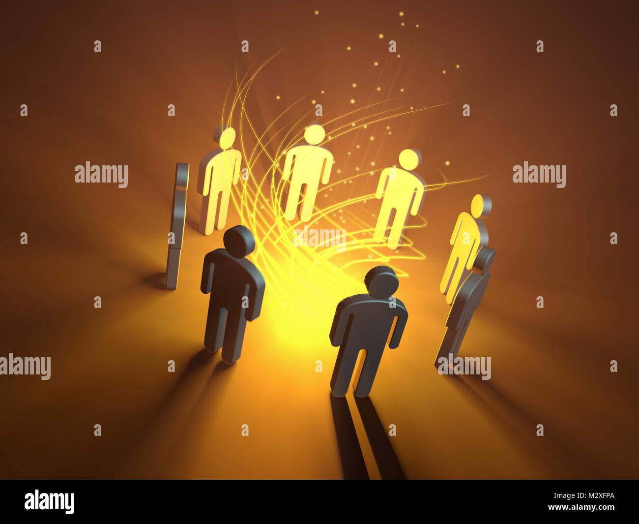 People icons gathering around a glowing orange light source. 3D ...