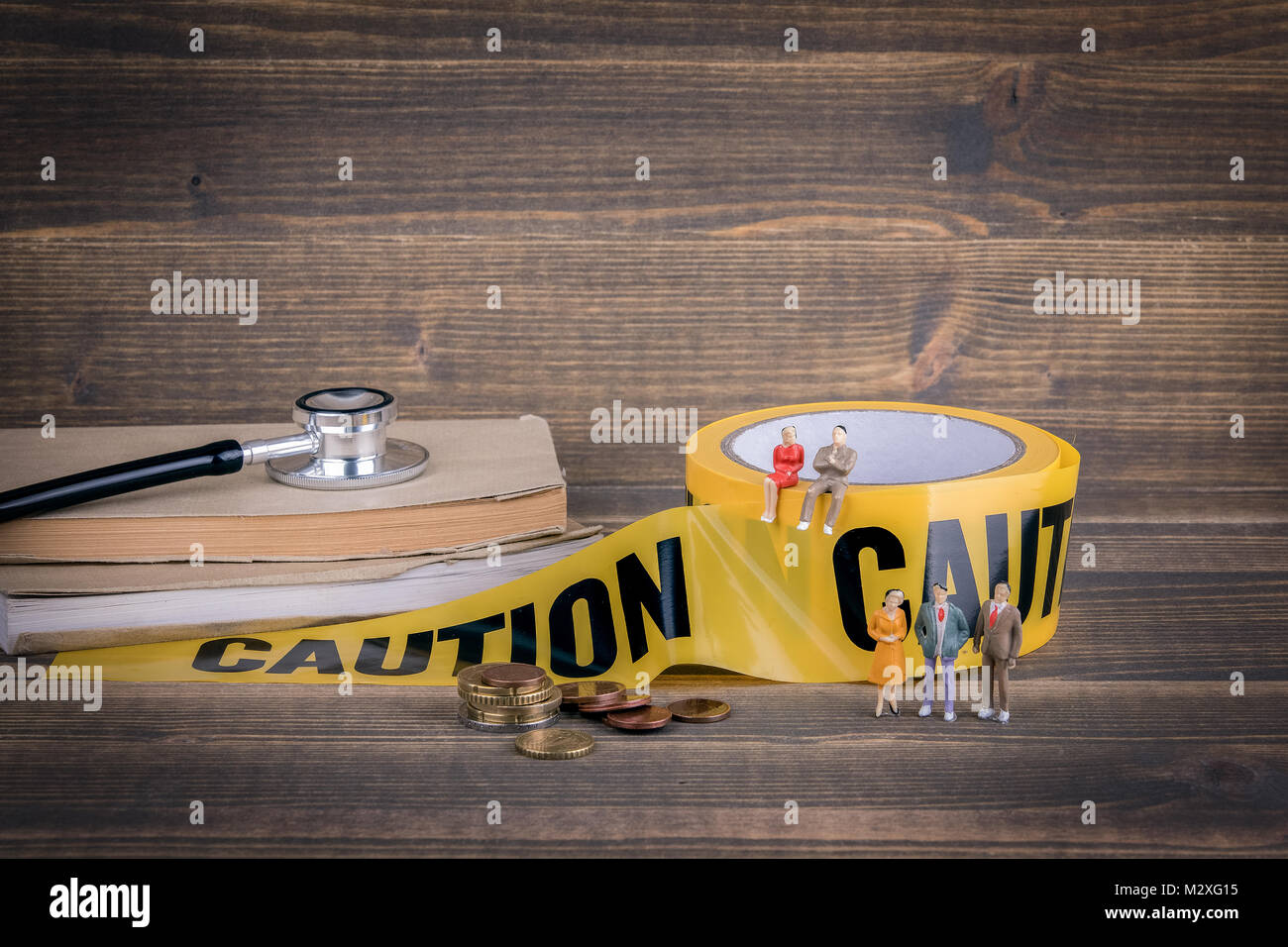 health care and medical background. yellow caution tape on a wood Stock ...
