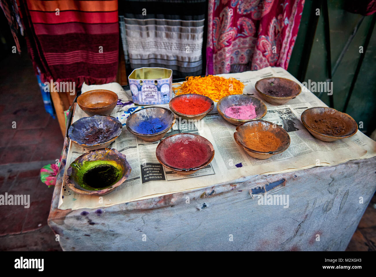 different colors for wool dying of textile souk of Marrakesh, Morocco ...