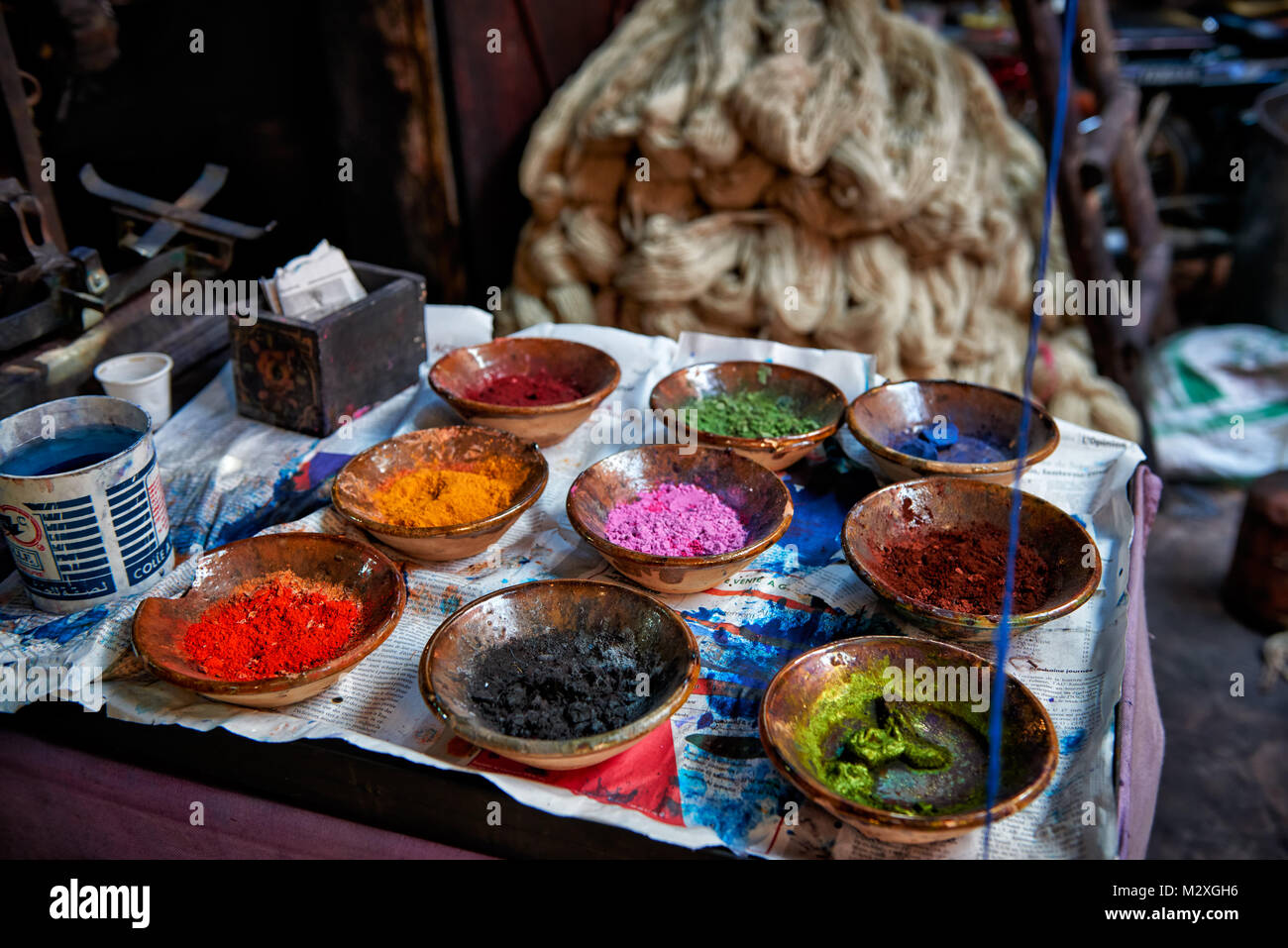different colors for wool dying of textile souk of Marrakesh, Morocco ...