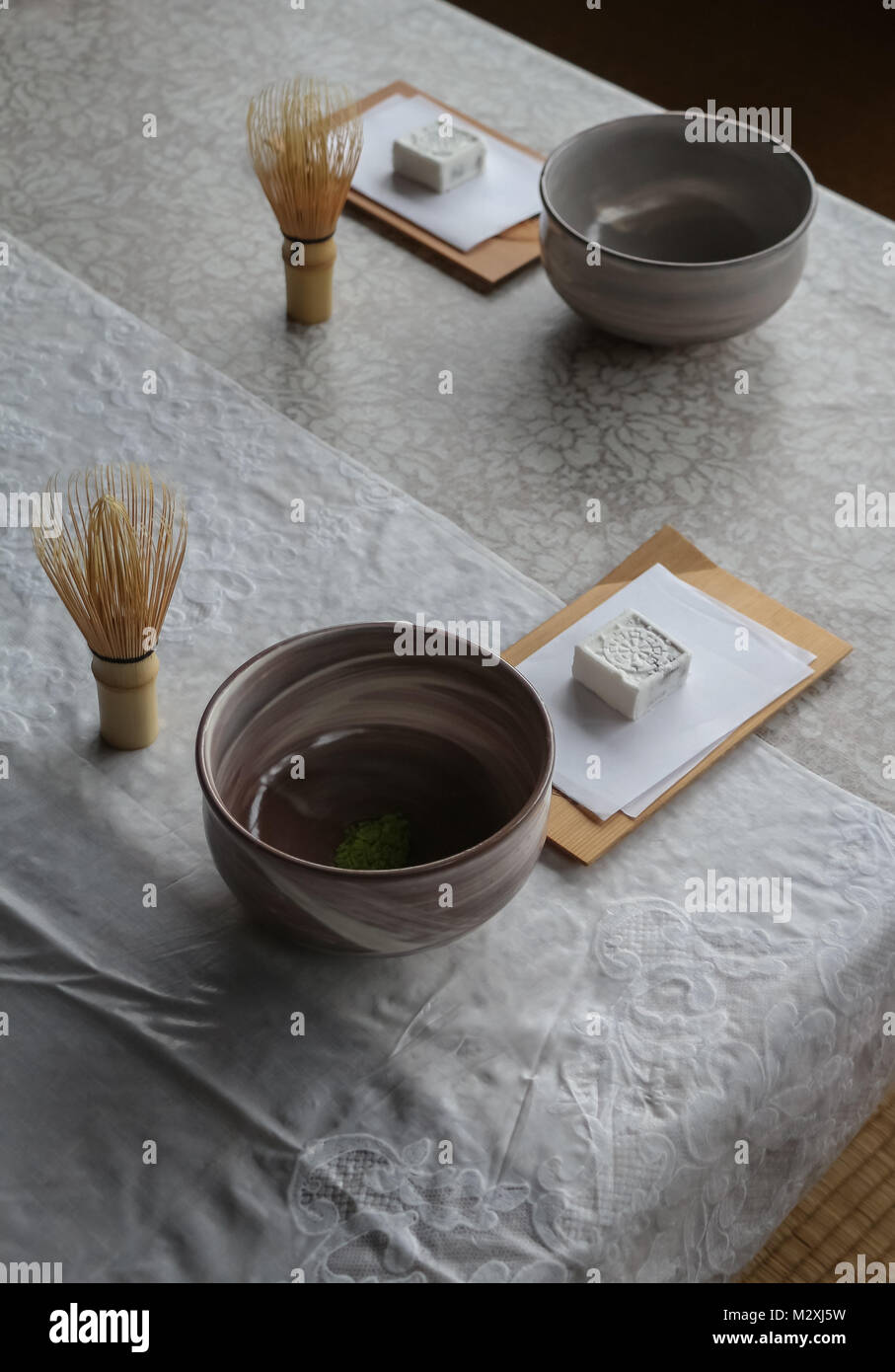Two Japanese tea ceremony sets, consisting of a teabowl with powdered ...