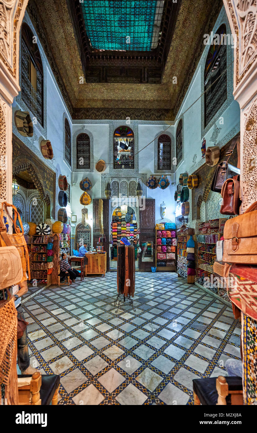 leather shop beneath tannery of Fez, Morocco, Africa Stock Photo - Alamy