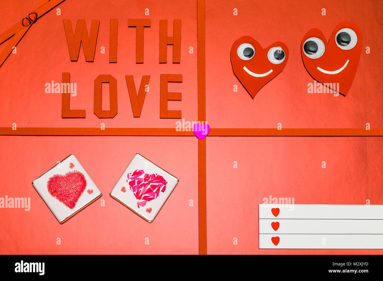 Greeting card "Hearts with eyes + With Love" on colored background ...