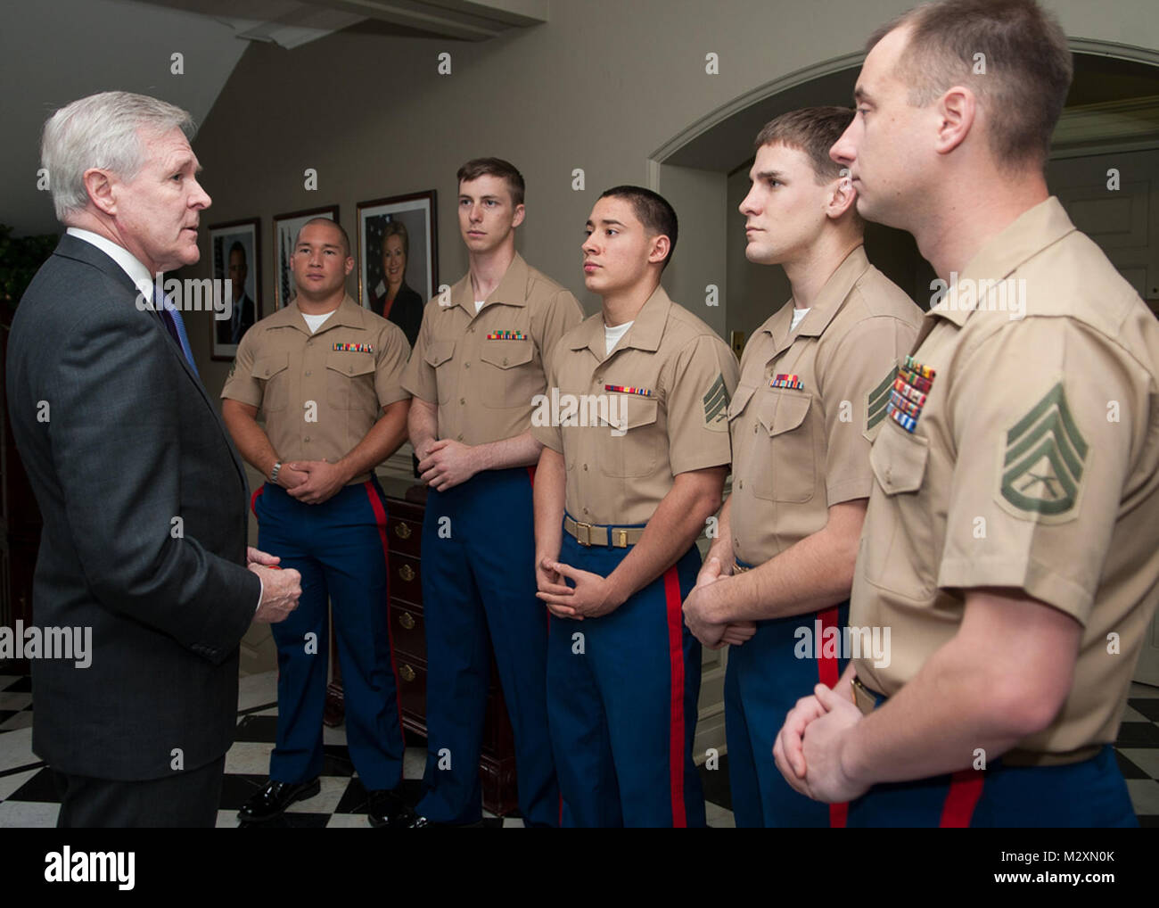 Secretary of the Navy speaks with Marines assigned to Marine Security ...