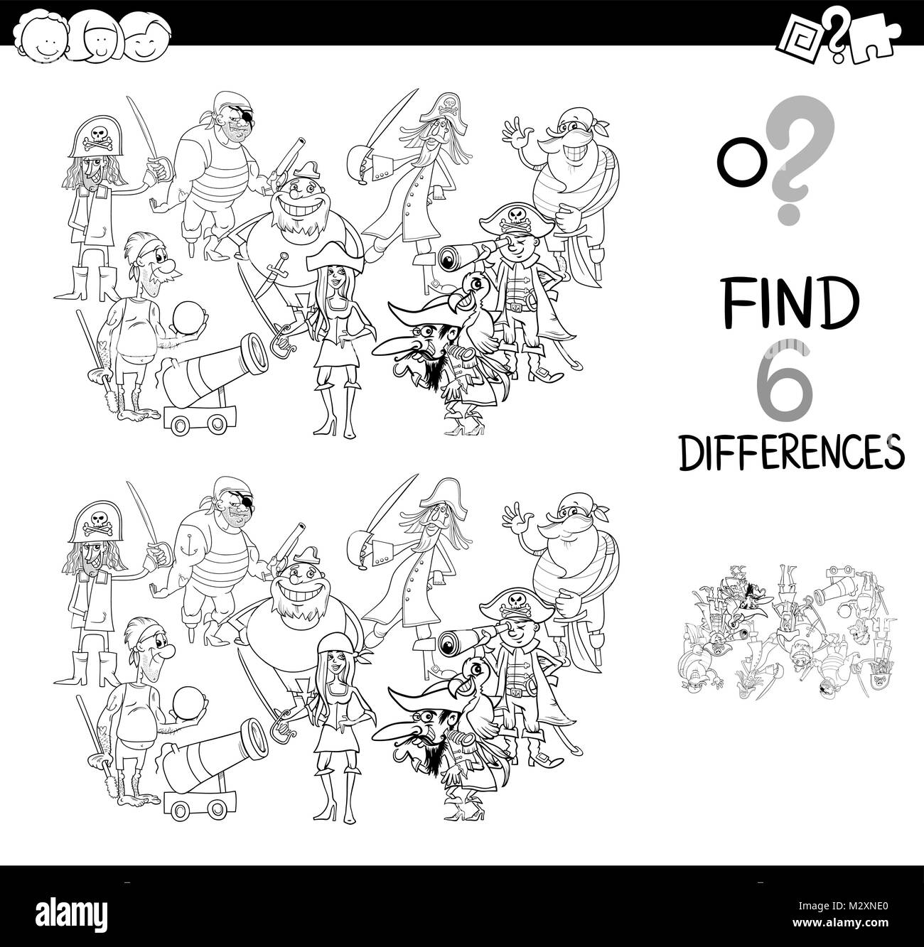 Black and White Cartoon Illustration of Find and Spot Six Differences ...
