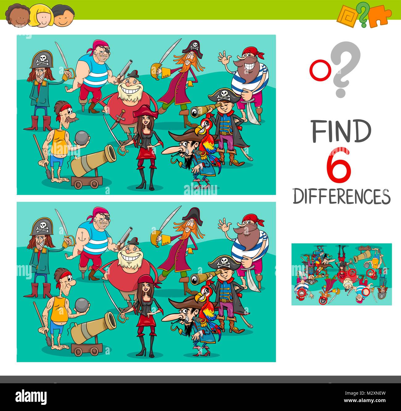 Cartoon Illustration of Find and Spot Six Differences Between Pictures ...