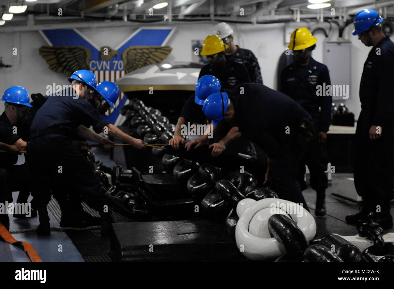 Anchor chain on the forecastle of the Nimitz-class aircraft carrier USS ...