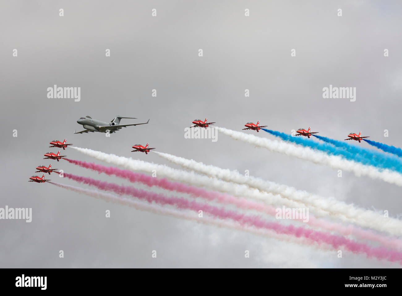 Royal Air Force Red Arrows flying in formation with a Sentinel R1 Stock ...
