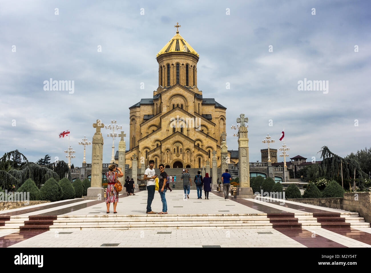 A Closeup of a statue of Sameba. The Holy Trinity Cathedral of Tbilisi ...
