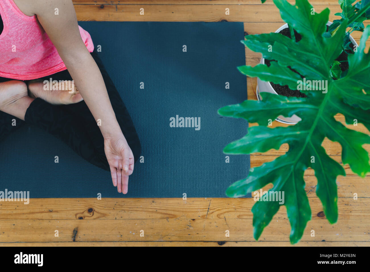 Woman doing yoga in the morning at her home, top view Stock Photo - Alamy