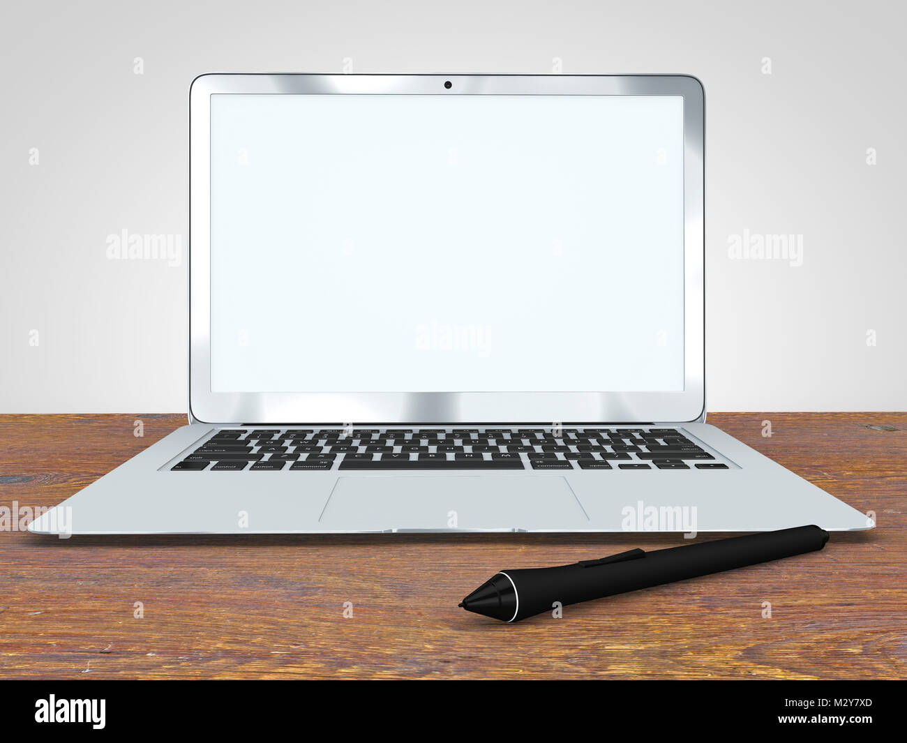 Digital pen and laptop, work, graphics, idea. Wooden desk Stock Photo ...