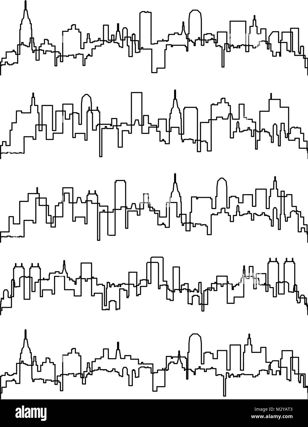 vector set of black and white city or town skyline graphic. thin line ...