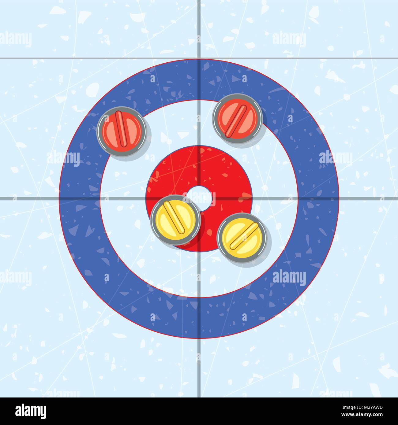 vector red and yellow curling stones in the house, on ice rink. curling ...