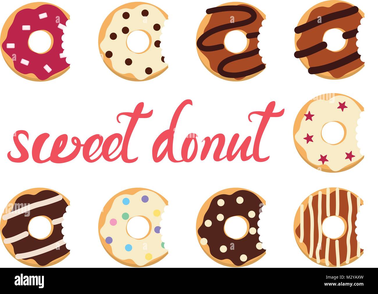 vector modern flat style icons of glazed colorful donuts with glaze, chocolate and sprinkles ...
