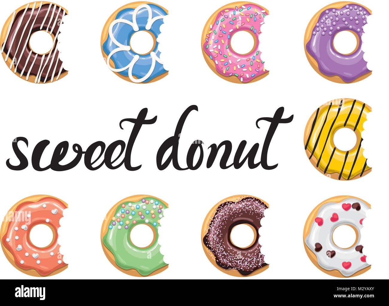 vector modern flat style icons of glazed colorful donuts with glaze ...