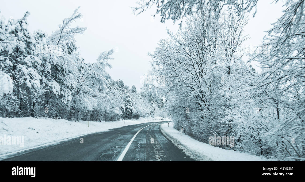 Snow winter road in the amazing snow covered forest Stock Photo - Alamy